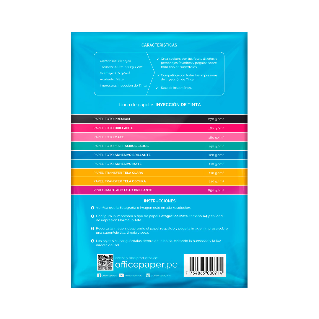 Ripley - PAPEL FOTOGRÁFICO ADHESIVO OFFICE PAPER MATE 110G POR 20 HOJAS A4